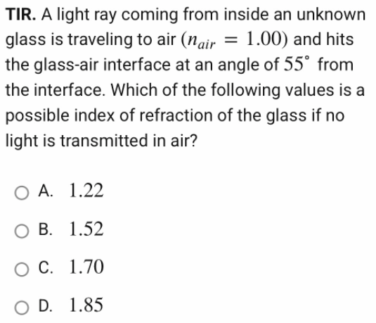 Solved TIR. A light ray coming from inside an unknown glass | Chegg.com