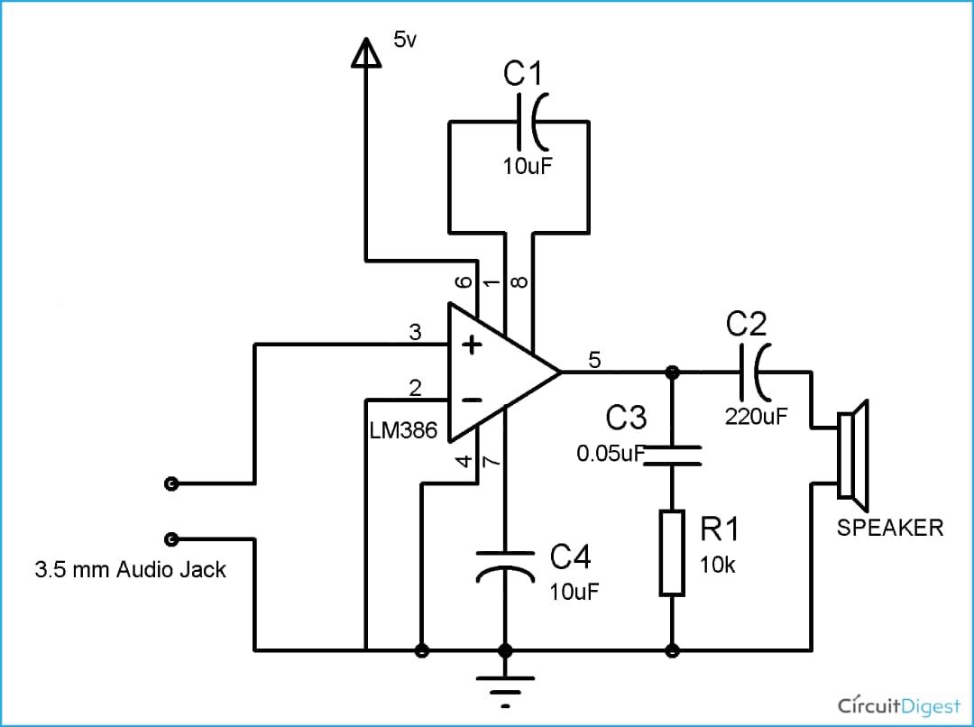 Solved 5v C1 10uF 3 C2 5 2 - 220uF LM386 C3 0.05uF SPEAKER | Chegg.com