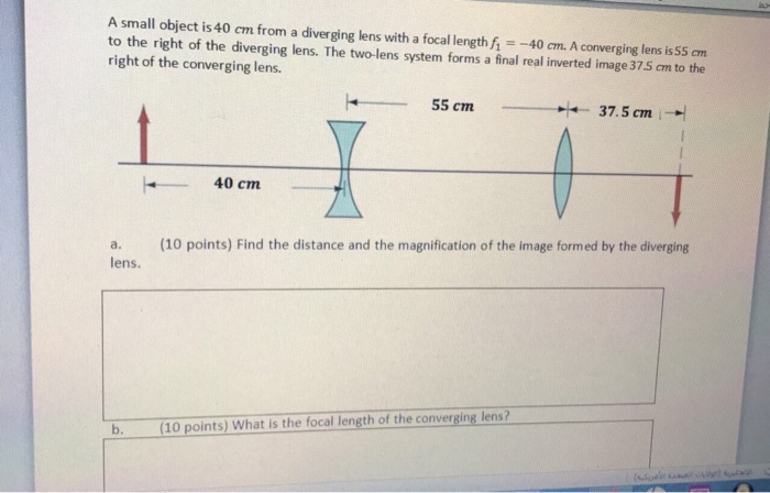 Solved A small object is 40 cm from a diverging lens with a | Chegg.com