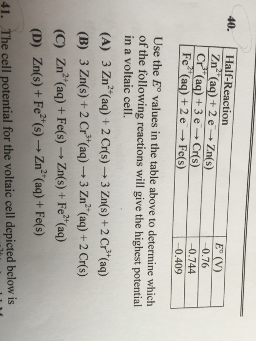 Solved Use the E^0 values in the table above to determine | Chegg.com