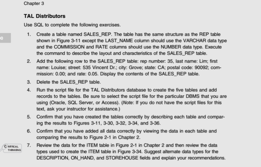 Solved Chapter 3 TAL Distributors Use SQL to complete the | Chegg.com