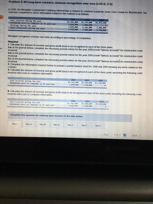 Solved Problem 5-10 Long-term contract, revenue recognition | Chegg.com