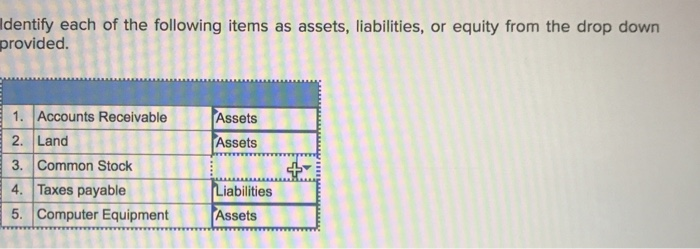 Solved Identify each of the following items as assets, | Chegg.com