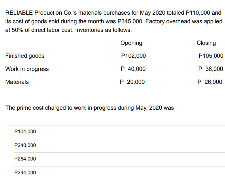 Solved RELIABLE Production Co.'s materials purchases for May | Chegg.com