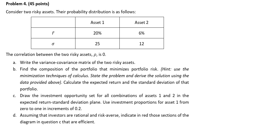 Problem 4. (45 points) Consider two risky assets. | Chegg.com