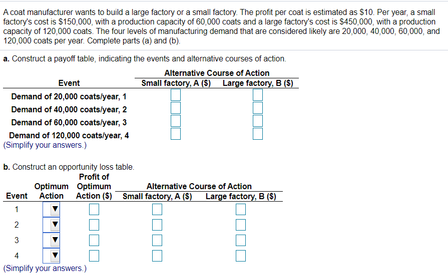 Solved A coat manufacturer wants to build a large factory or | Chegg.com