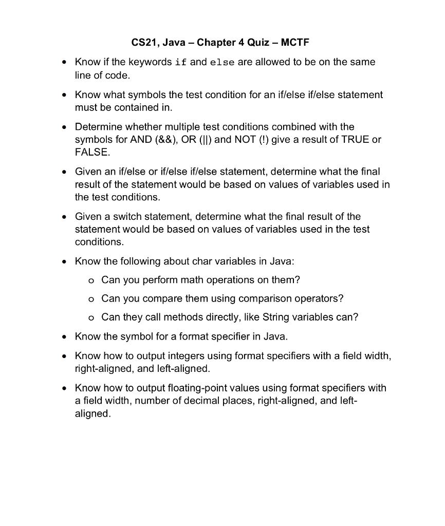 Solved CS21, Java - Chapter 4 Quiz - MCTF - Know if the | Chegg.com