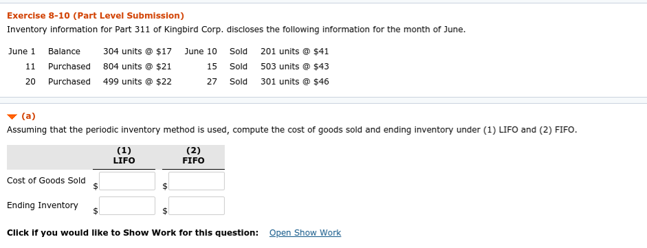 Solved Exercise 8-10 (Part Level Submission) Inventory | Chegg.com