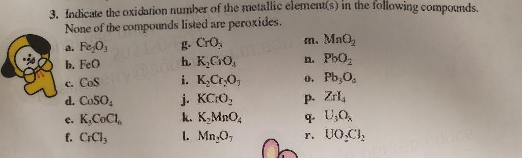 Solved m. Mno 3. Indicate the oxidation number of the | Chegg.com