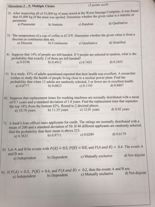 Solved Questions 2-9: Multiple Choice (3 points each) 2) | Chegg.com