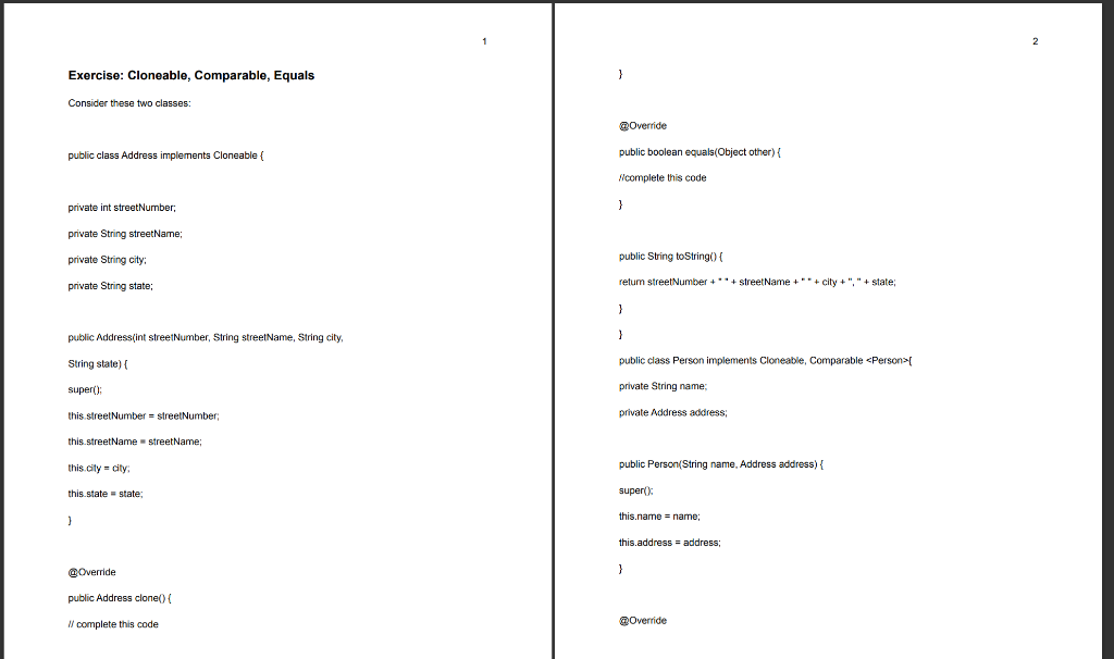 Solved Exercise: Cloneable, Comparable, Equals Consider | Chegg.com