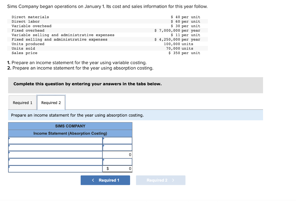Solved Sims Company began operations on January 1. Its cost | Chegg.com