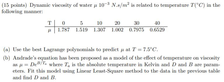 Solved (15 points) Dynamic viscosity of water u 10-3 N.s/mis | Chegg.com
