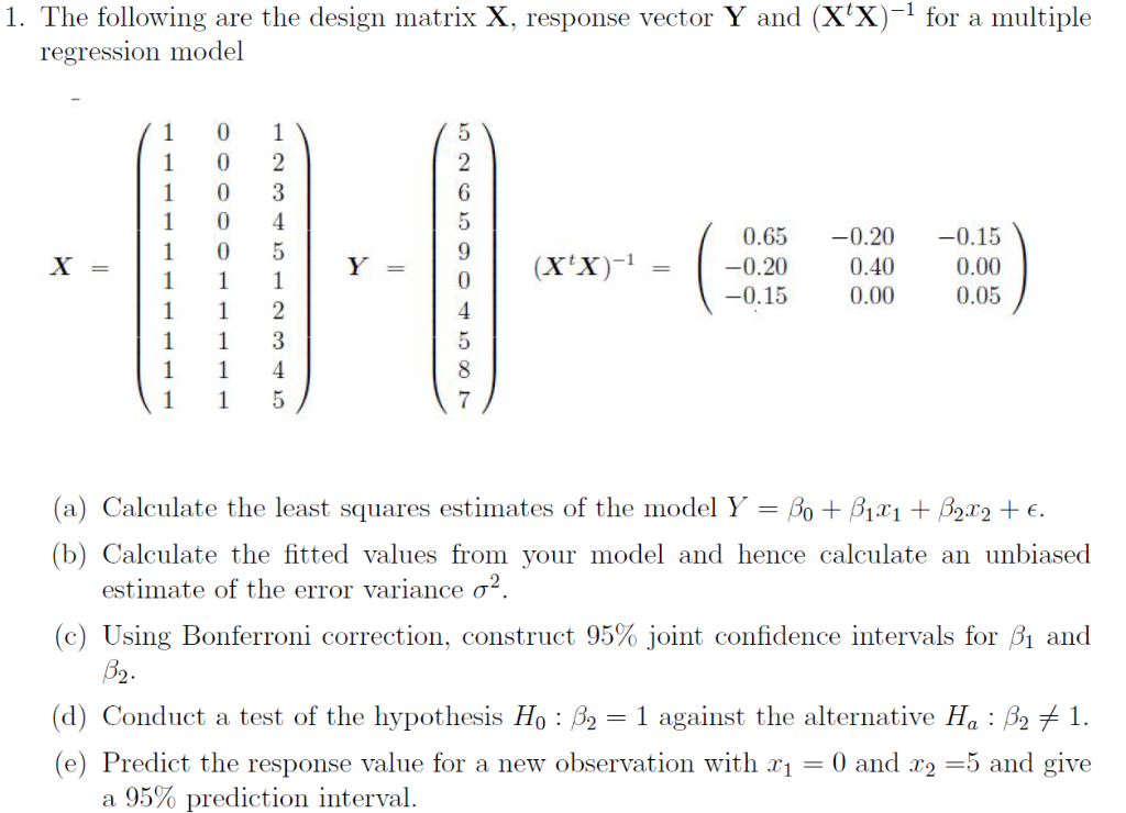 Solved 1. The following are the design matrix X, response | Chegg.com