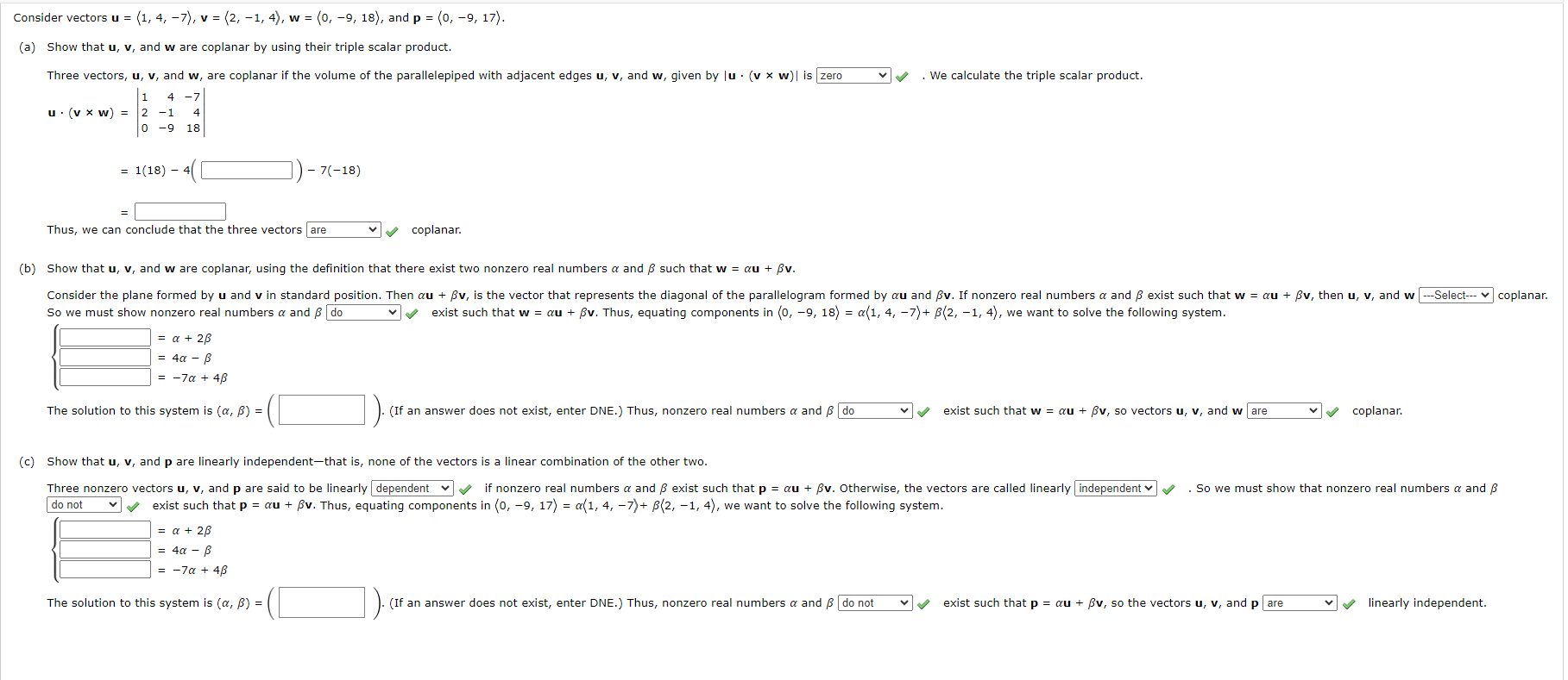 Solved (a) Show that u,v, and w are coplanar by using their | Chegg.com