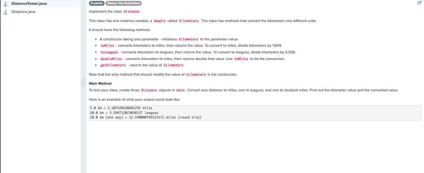 Solved DistanceTester.java \$ Distance.java Implement the | Chegg.com