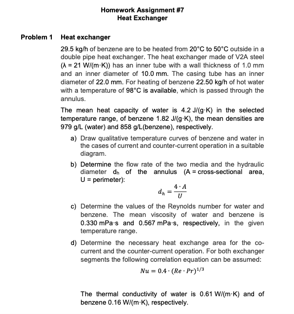 Solved Homework Assignment #7 Heat Exchanger Problem 1 Heat | Chegg.com