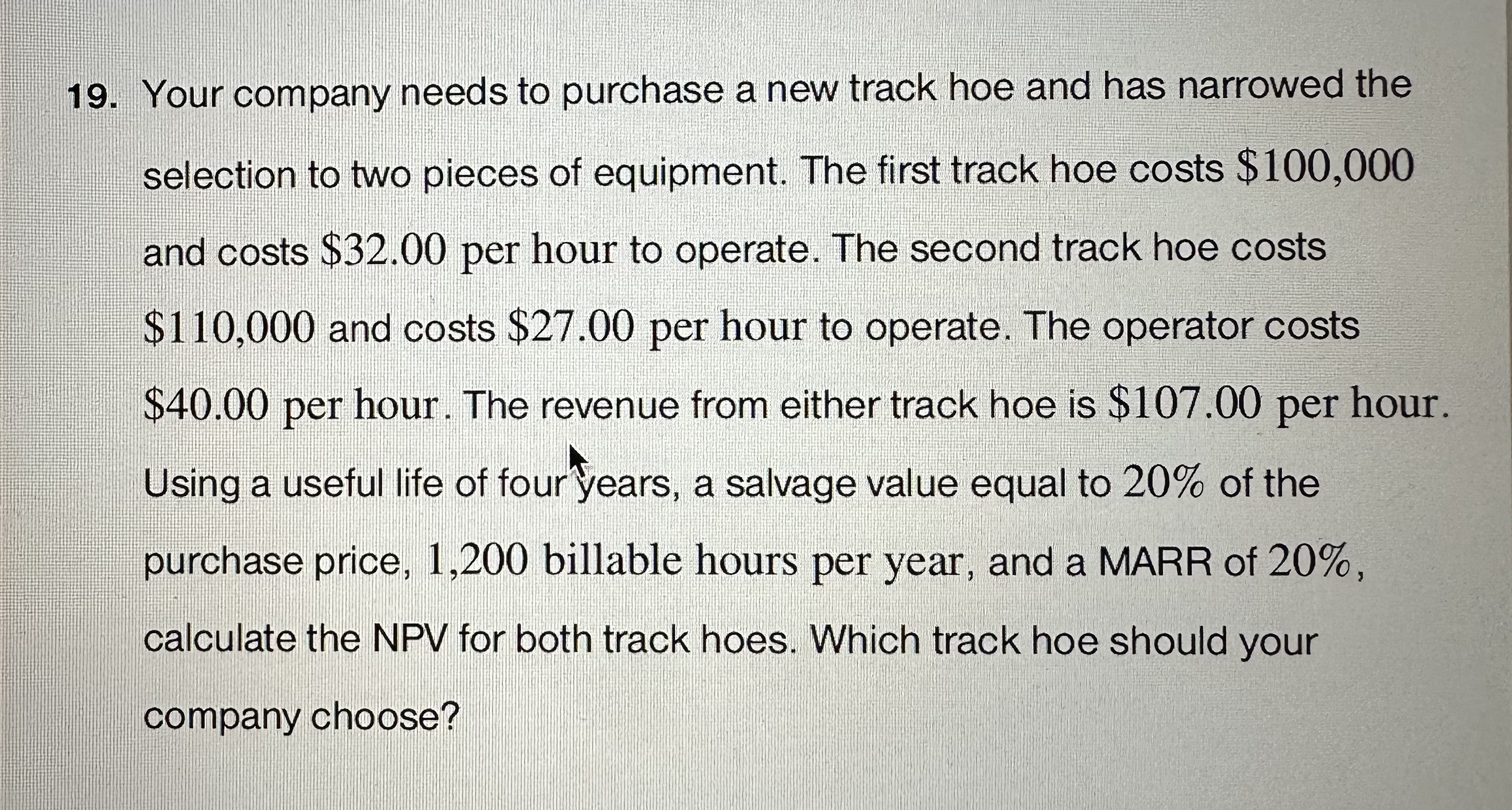 Solved Your company needs to purchase a new track hoe and | Chegg.com