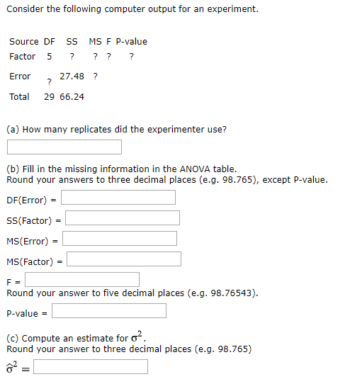 Solved Consider the following computer output for an | Chegg.com