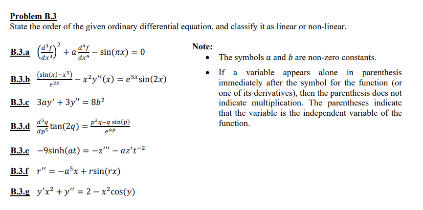 Solved Problem B.3 State the order of the given ordinary | Chegg.com