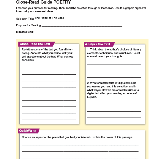 Close-Read Guide POETRY Establish your purpose for | Chegg.com