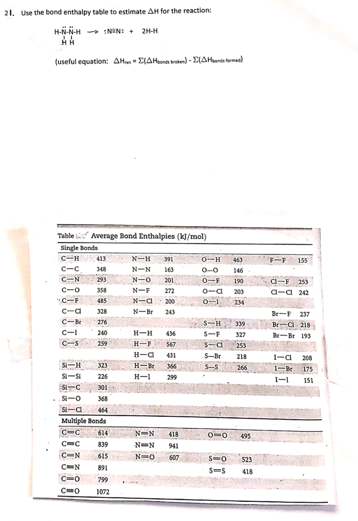 Solved 21. Use the bond enthalpy table to estimate AH for | Chegg.com