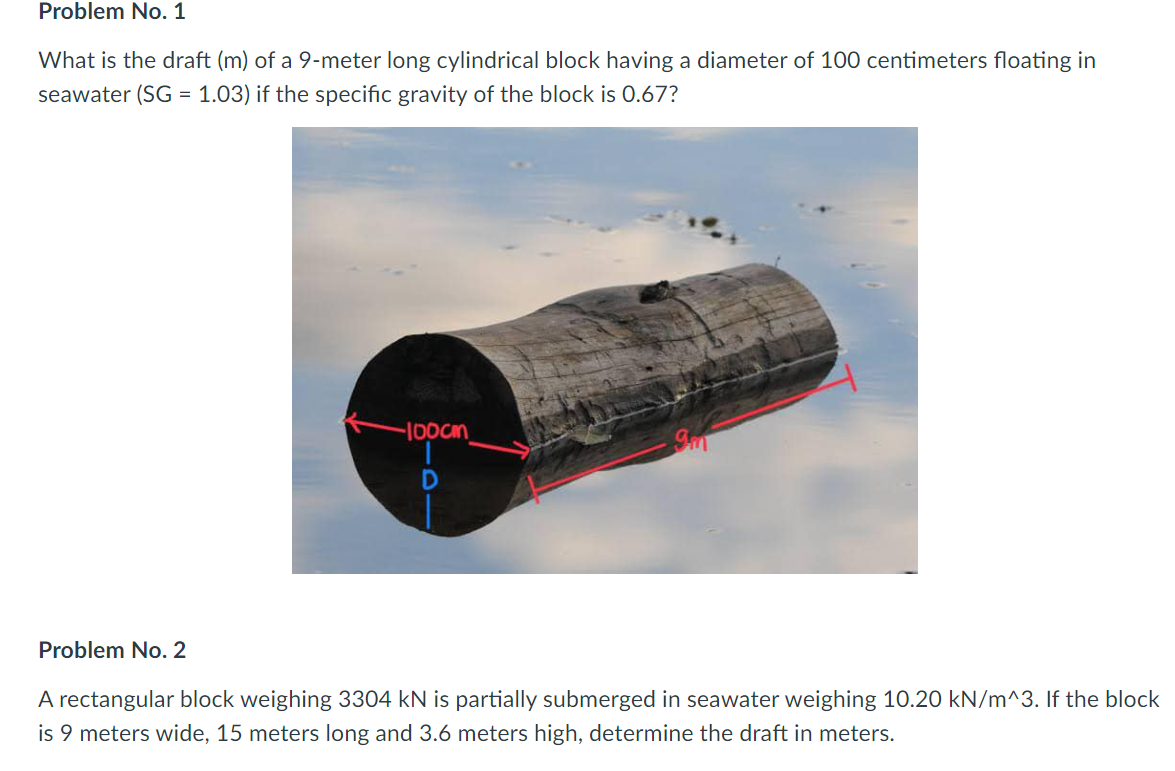 Solved Problem No. 1 What is the draft (m) of a 9-meter long | Chegg.com