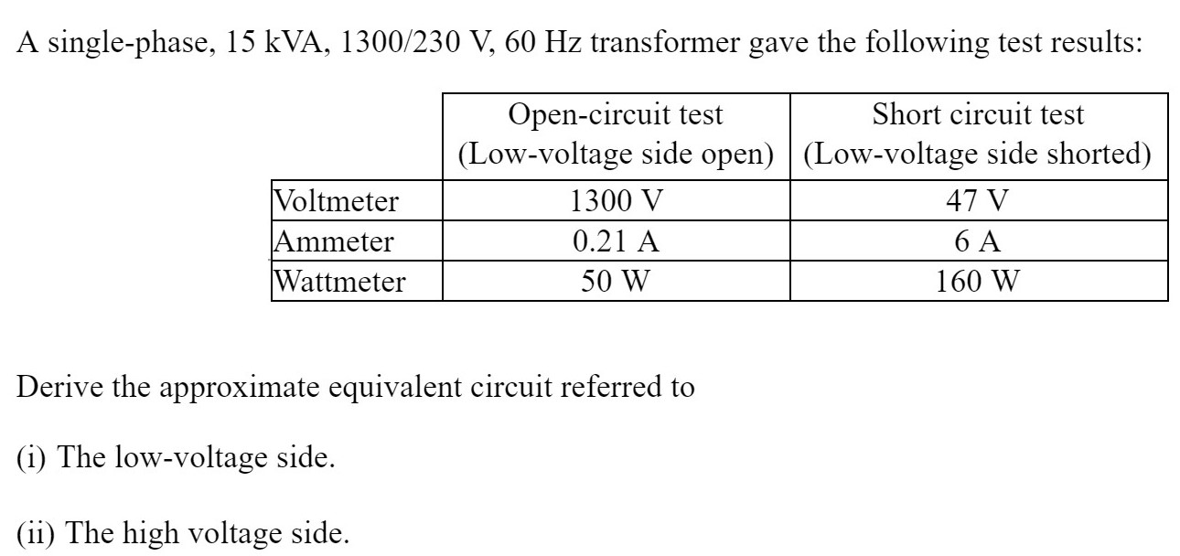Solved A single-phase, 15 kVA, 1300/230 V, 60 Hz transformer | Chegg.com