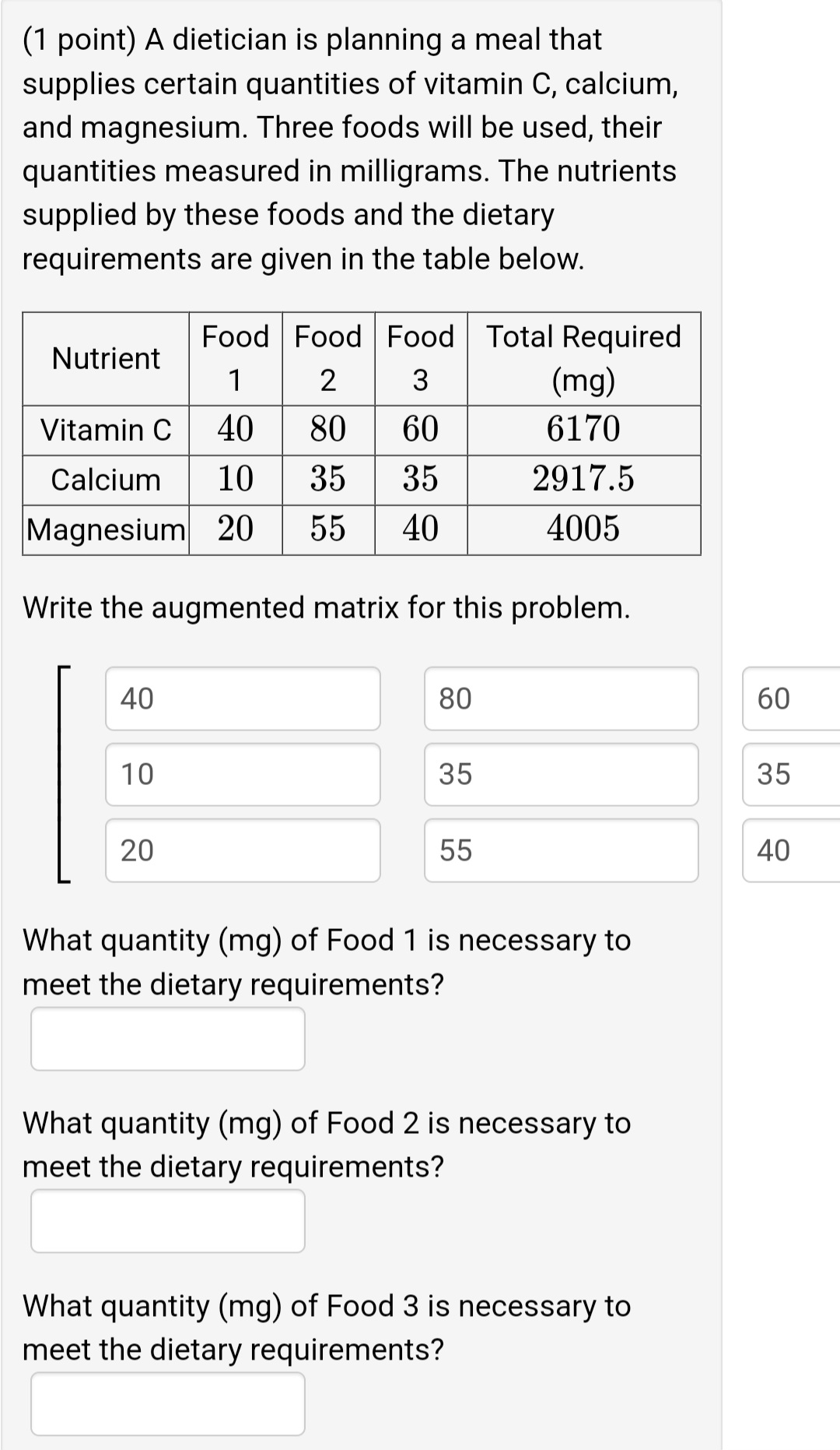 Solved (1 ﻿point) ﻿A dietician is planning a meal | Chegg.com