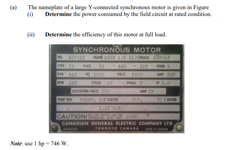 Solved (a) The nameplate of a large Y-connected synchronous | Chegg.com