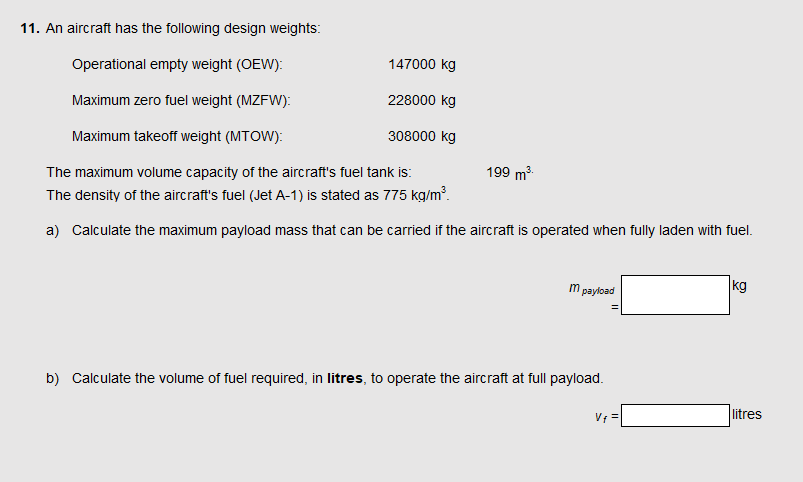 Solved 11. An aircraft has the following design weights: | Chegg.com