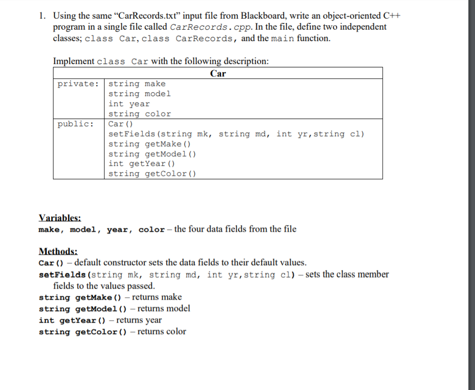 Solved 1. Using the same "CarRecords.txt" input file from | Chegg.com
