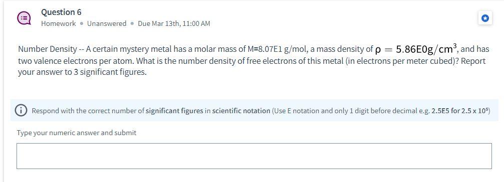 Solved Number Density -- A certain mystery metal has a molar | Chegg.com