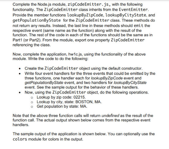 Complete the Node.js module, zipCode Emitter.js, with | Chegg.com