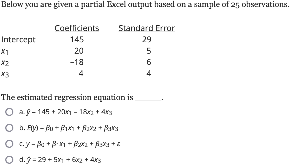 Solved Below you are given a partial Excel output based on a | Chegg.com