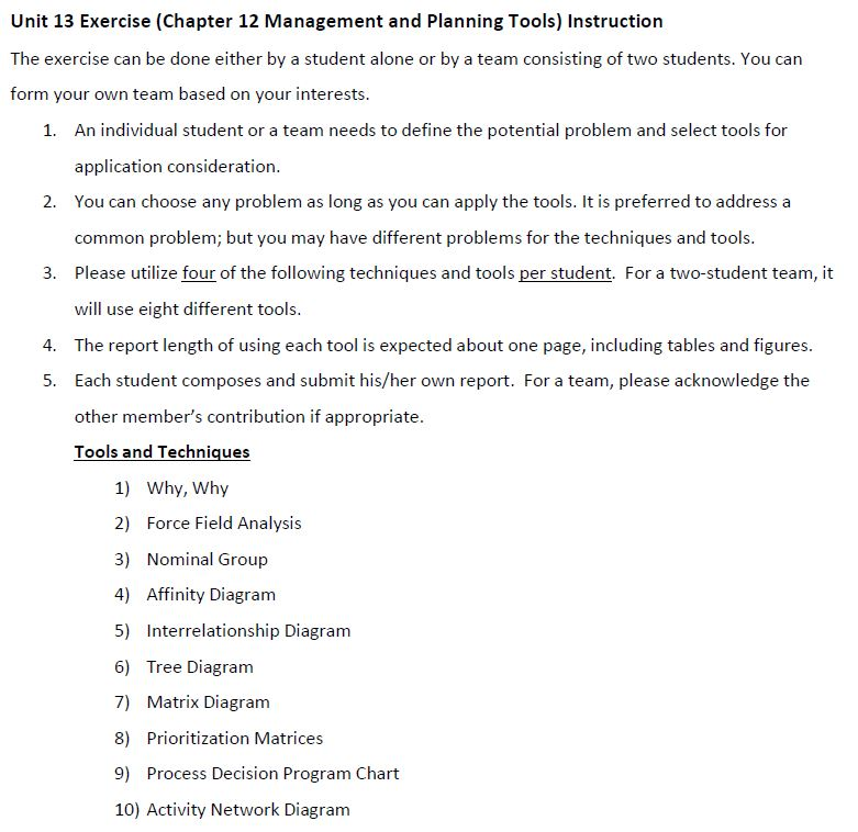Unit 13 Exercise (Chapter 12 Management and Planning | Chegg.com