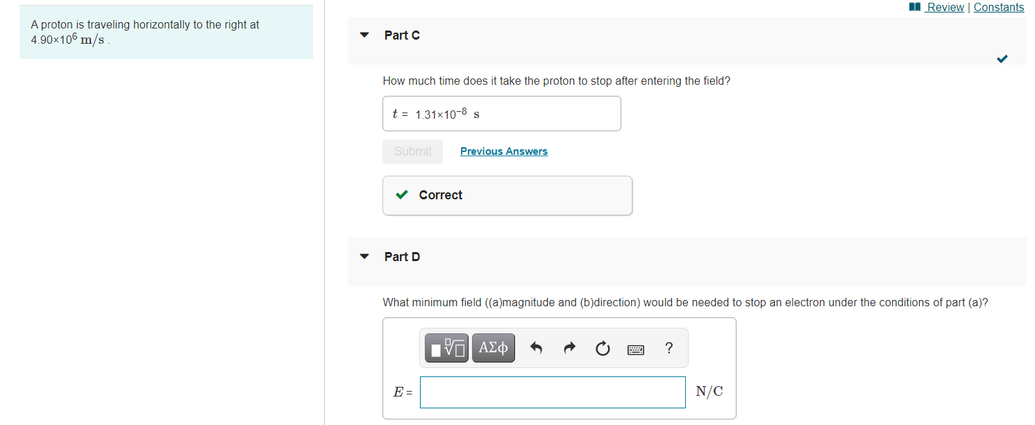 Solved 1 Review Constants A proton is traveling horizontally | Chegg.com