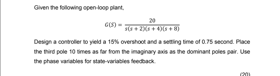 Solved Given the following open-loop plant, | Chegg.com