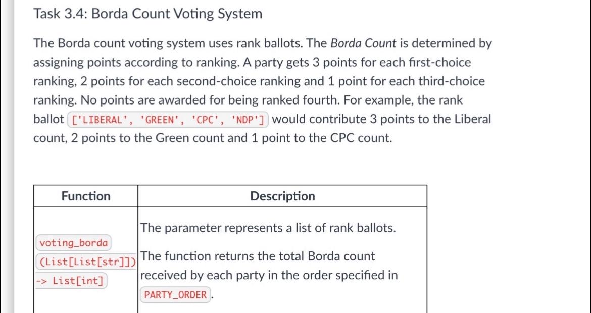 Task 3.4: Borda Count Voting System The Borda count | Chegg.com