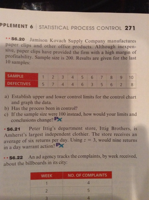 Solved PPLEMENT 6 STATISTICAL PROCESS CONTROL 271 S6.20 | Chegg.com