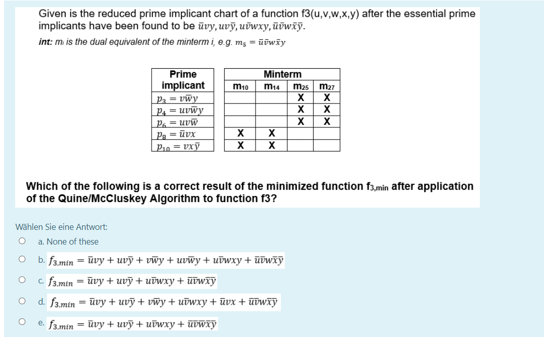 Solved Given is the reduced prime implicant chart of a | Chegg.com