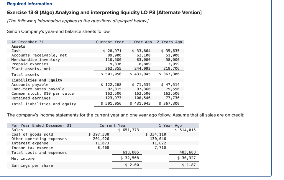 Solved Exercise 13-8 (Algo) Analyzing and interpreting | Chegg.com