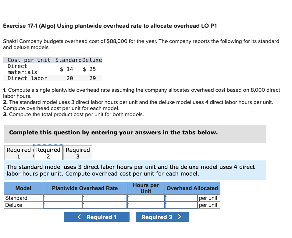 Solved Exercise 17-1 (Algo) Using plantwide overhead rate to | Chegg.com
