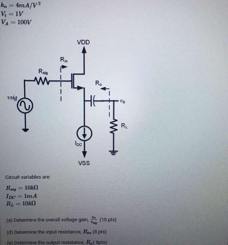 Solved kr = 4m A/V2 V=1V VA = 100V VDD Rin Rsig R. vsig Vo | Chegg.com