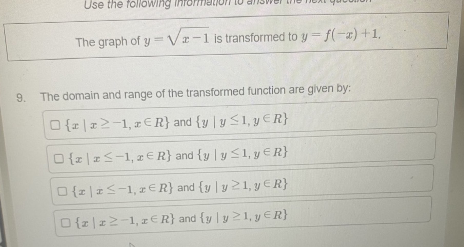 Solved The graph of y=x-12 ﻿is transformed to y=f(-x)+1.The | Chegg.com