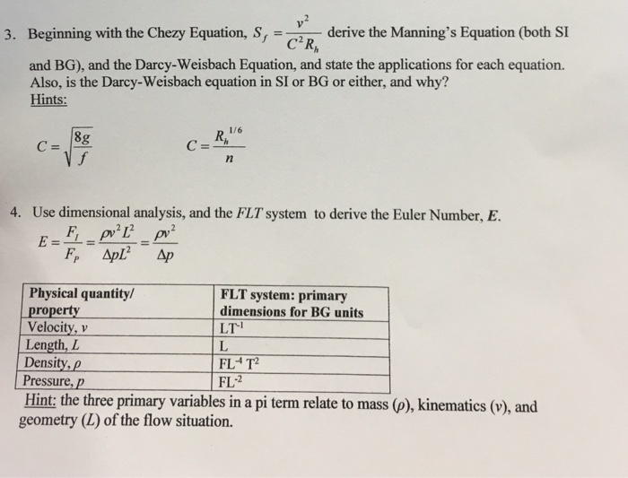 Solved 3. Beginning with the Chezy Equation, S, CiR derive | Chegg.com