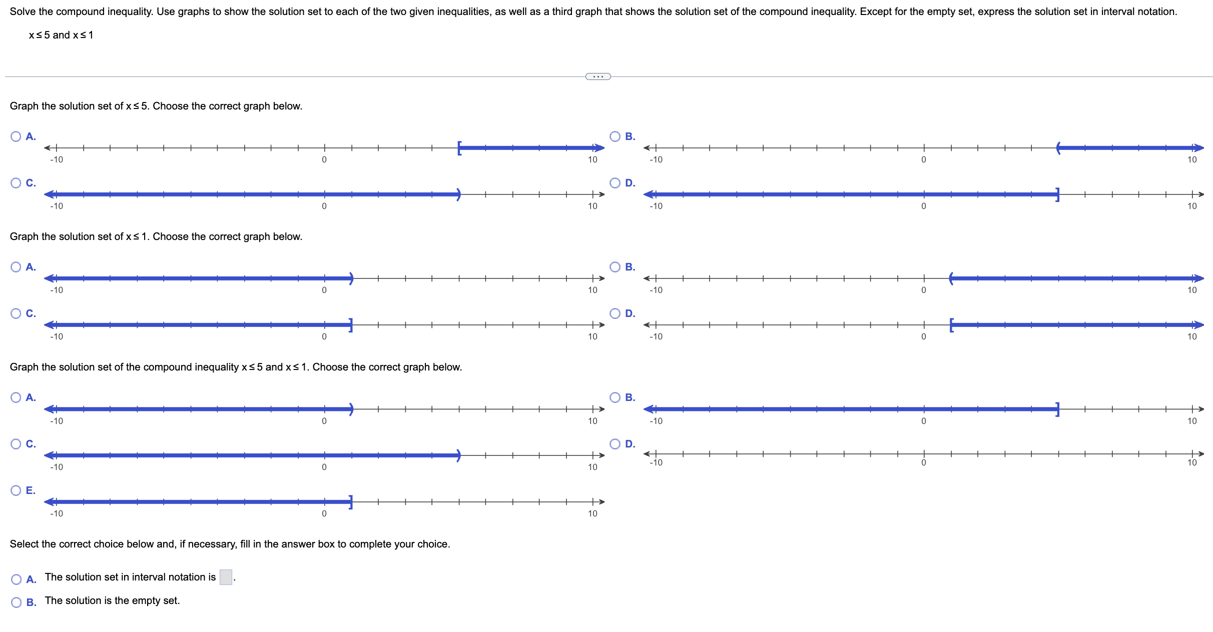 x≤5 ﻿and x≤1Graph the solution set of x≤5. ﻿Choose | Chegg.com