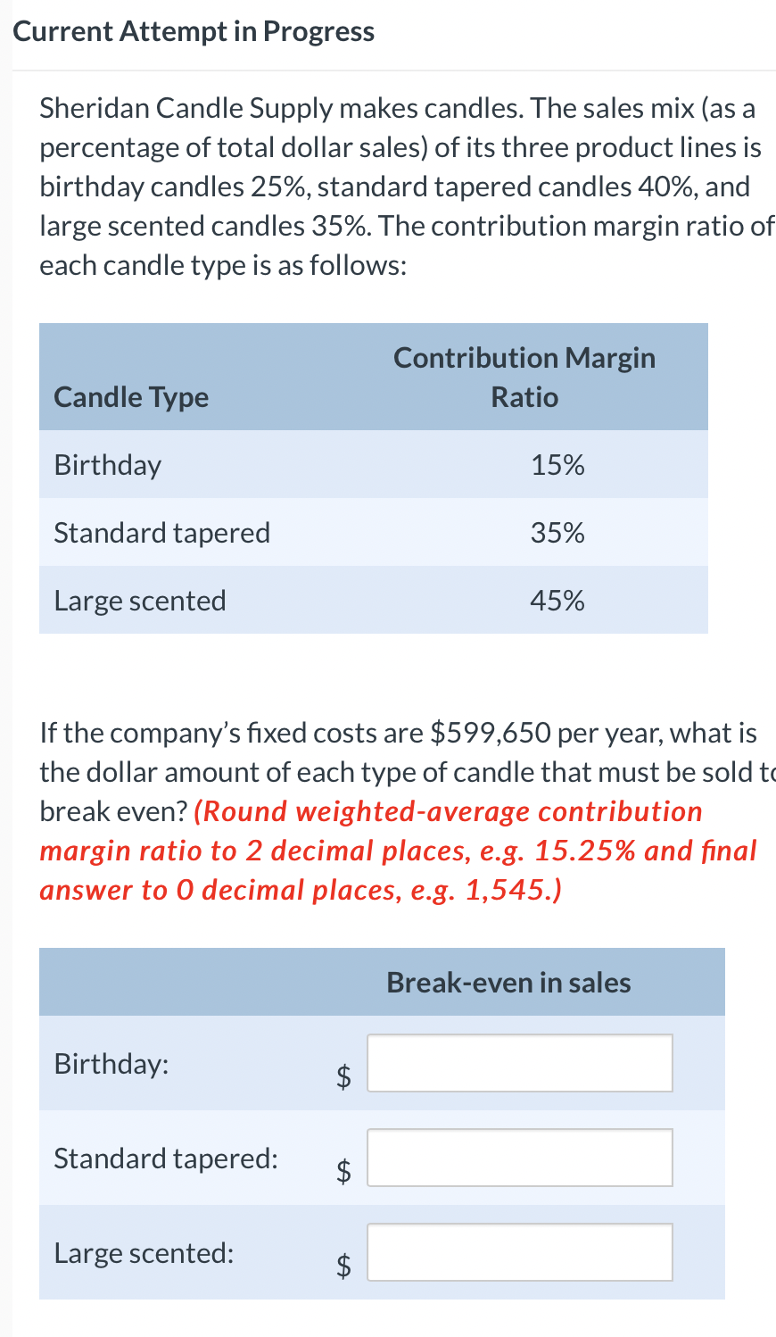 Solved Sheridan Candle Supply makes candles. The sales mix | Chegg.com