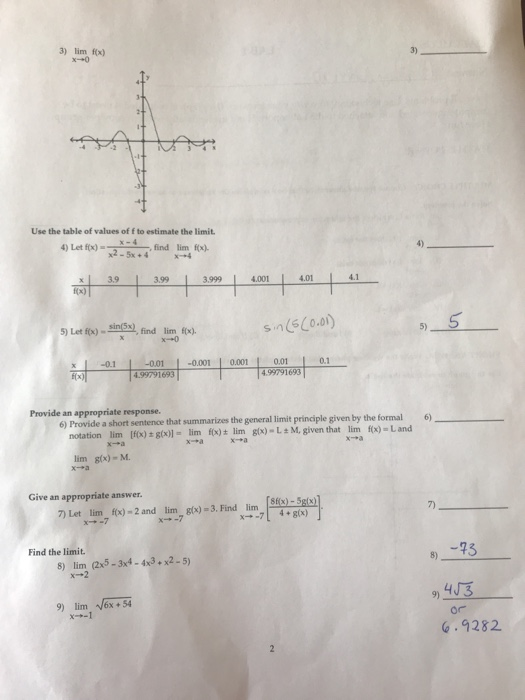 Solved 3) lim fx) 3) Use the table of values of f to | Chegg.com