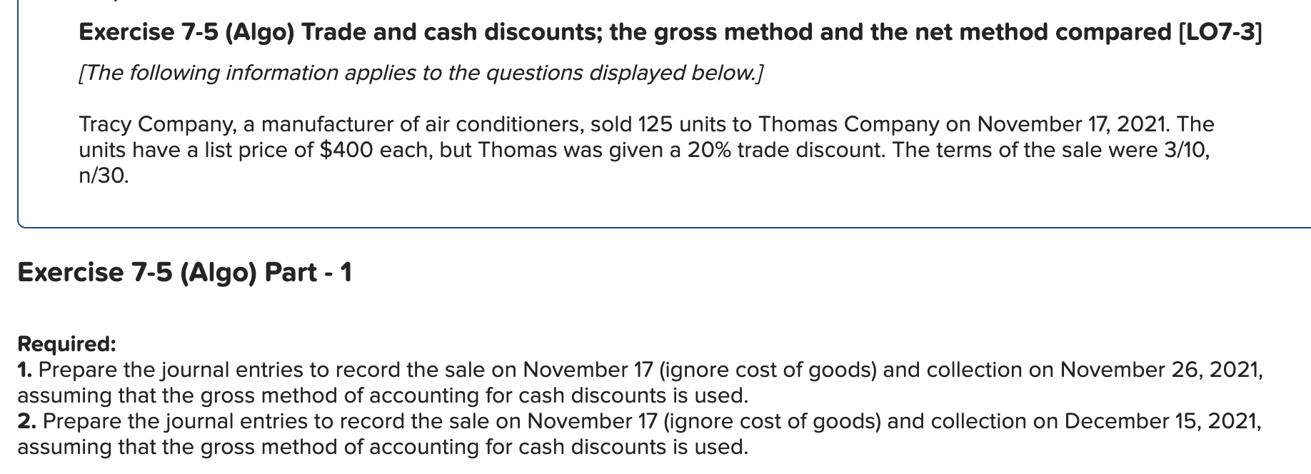 Solved Exercise 7-5 (Algo) Trade and cash discounts; the | Chegg.com